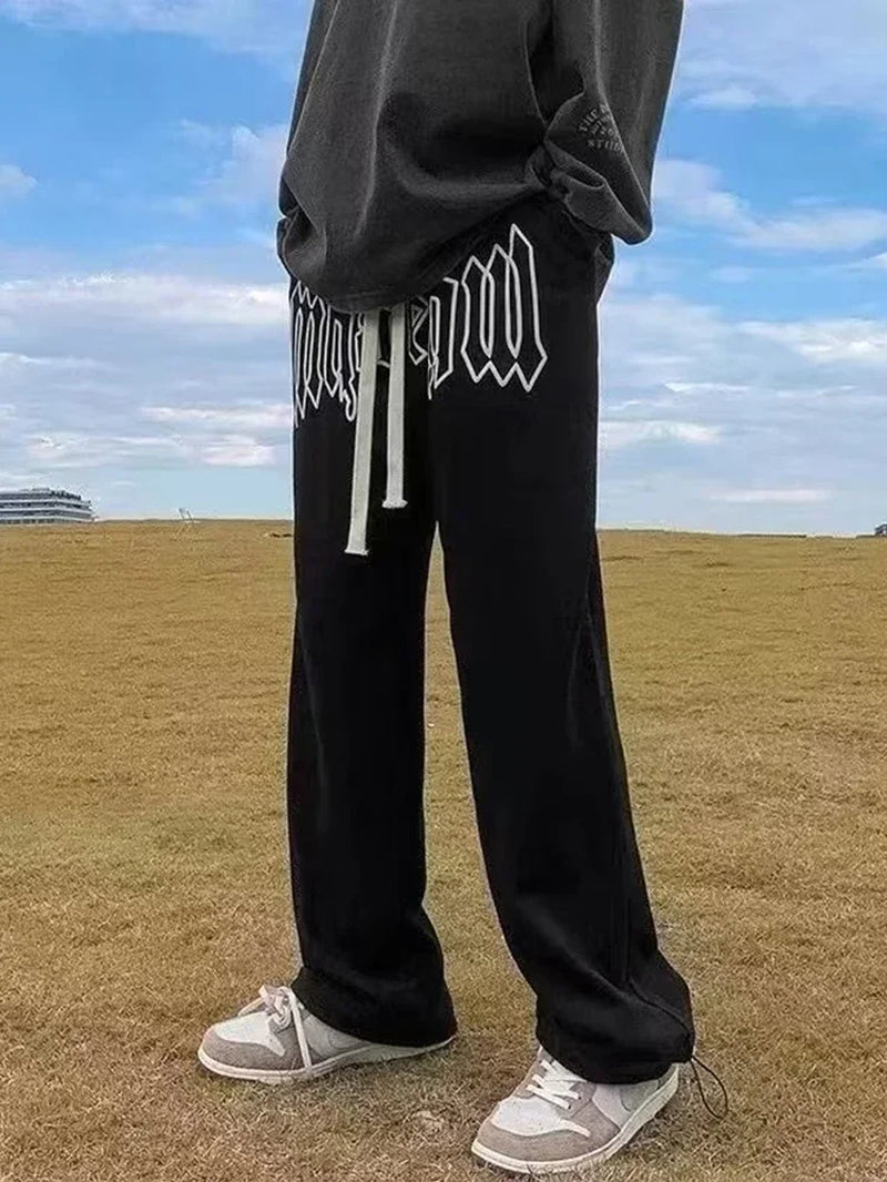 American Style Letter Print Straight Pants for Men High Street Loose T ...